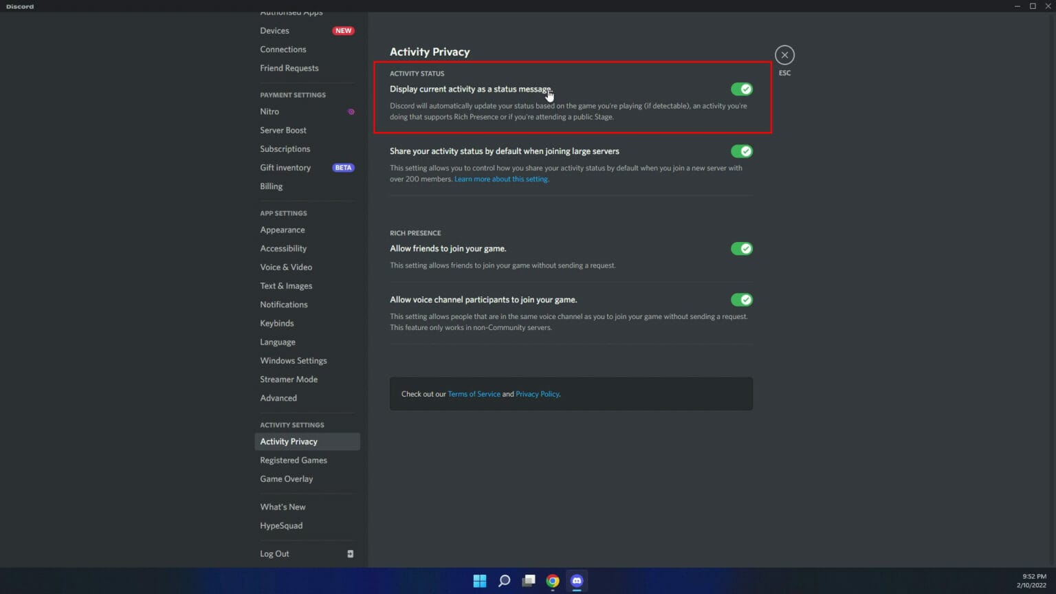 HOW TO DISABLE OR HIDE THE GAME ACTIVITY STATUS ON DISCORD
